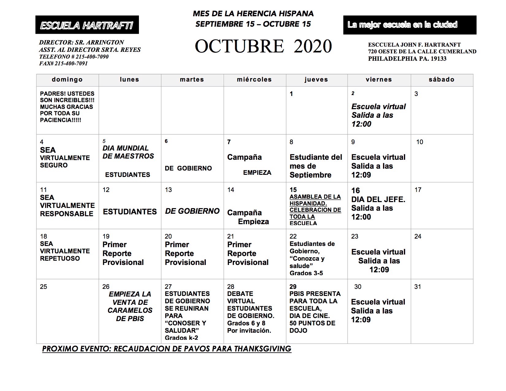 Calendar for Month – John F. Hartranft School