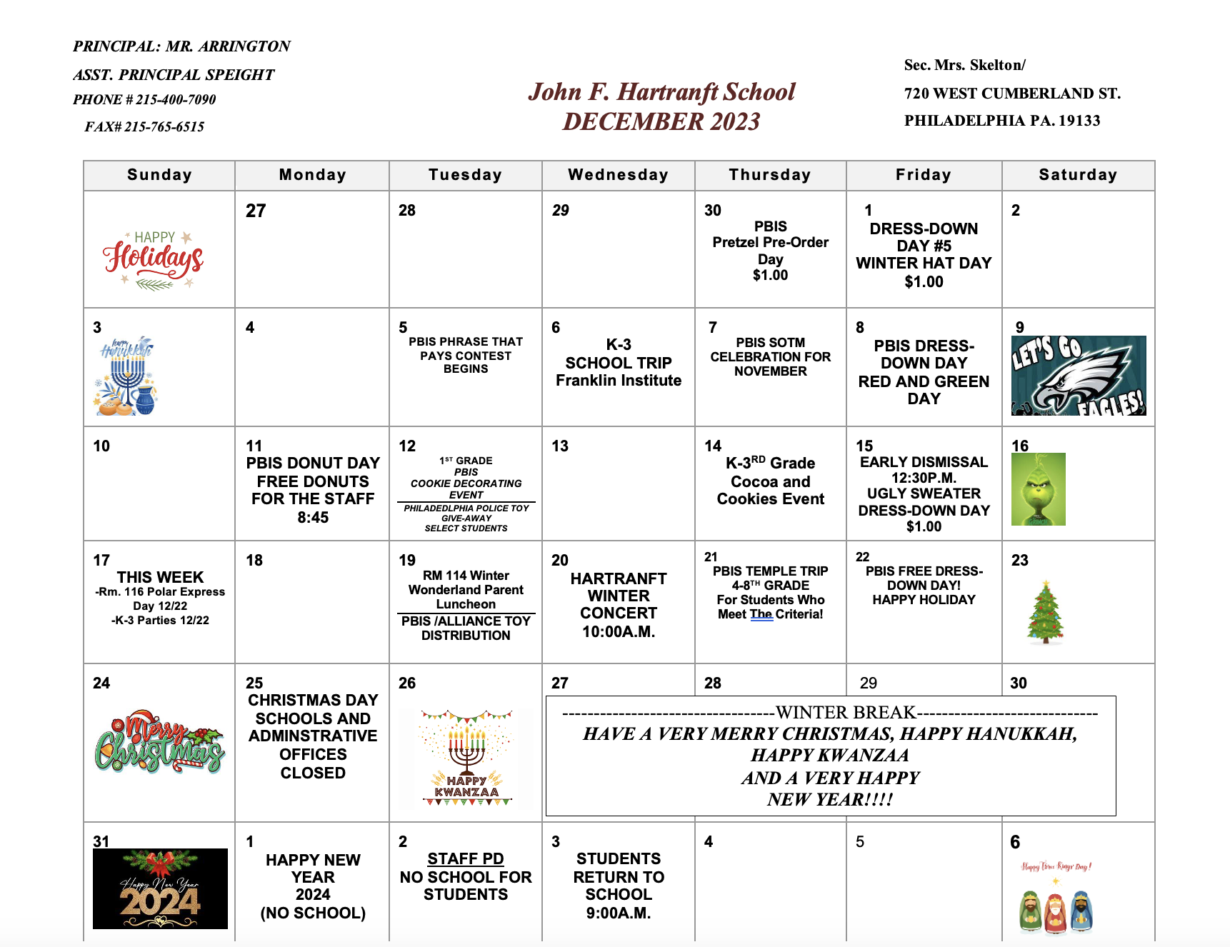 Calendar for Month – John F. Hartranft School